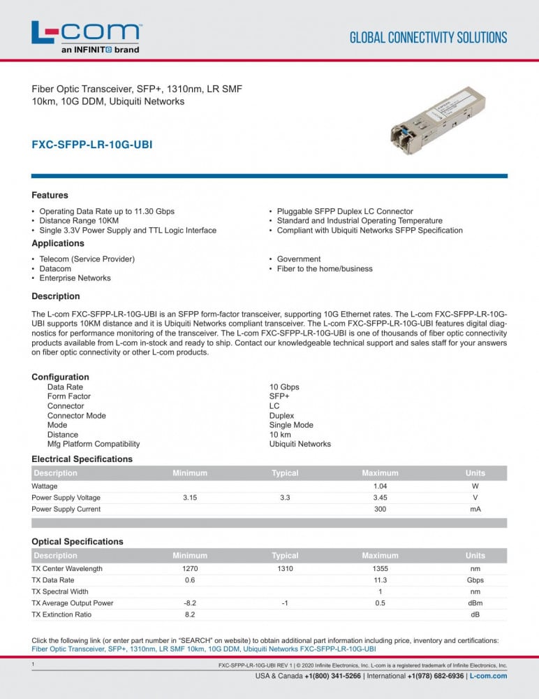 FXC-SFPP-LR-10G-UBI datasheet page 1
