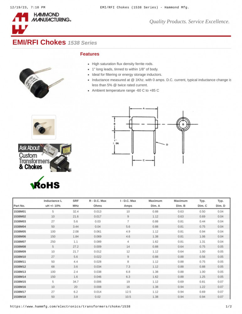 Hammond 1538 Series EMI/RFI Chokes technical document page 1