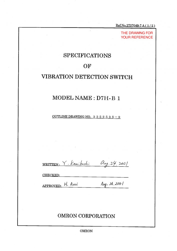 D7H-B1 vibration detection switch specification, document page 1
