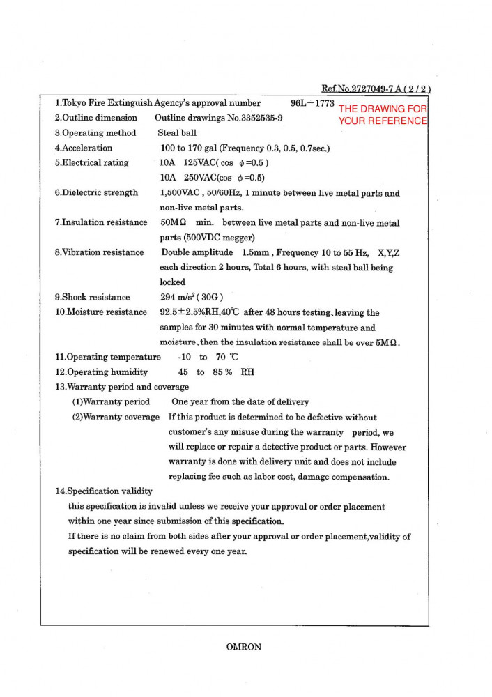D7H-B1 vibration detection switch specification, document page 2