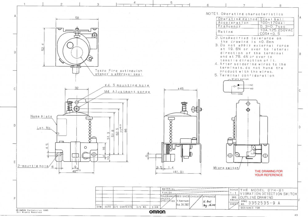 D7H-B1 vibration detection switch specification, document page 3