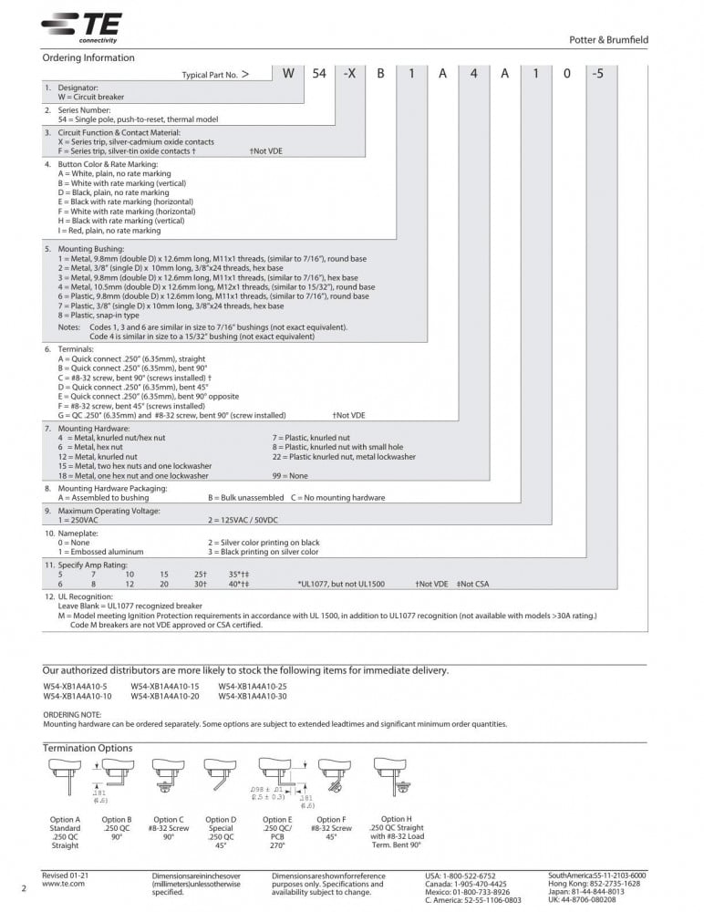 TE Connectivity W54 circuit breaker datasheet page 2