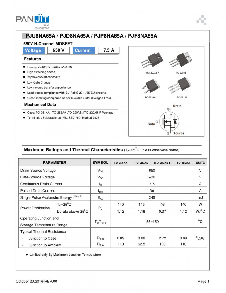 PANJIT PJP8NA65A datasheet page 1