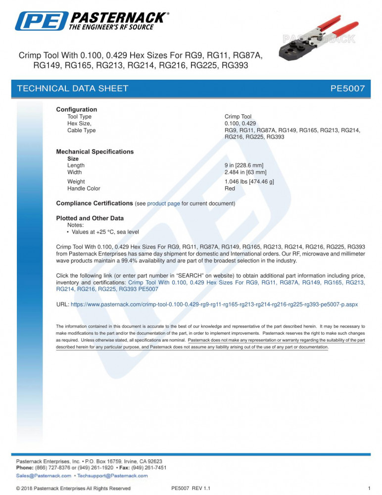 PASTERNACK PE5007 technical data sheet page 1