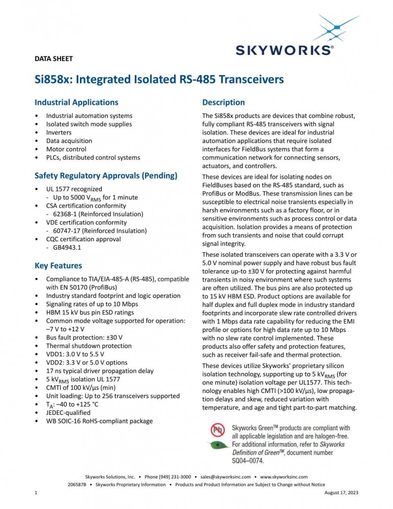 SI858x datasheet page 1