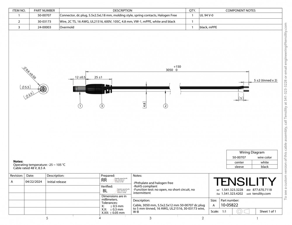 Tensility International 10-05822 cable assembly drawing