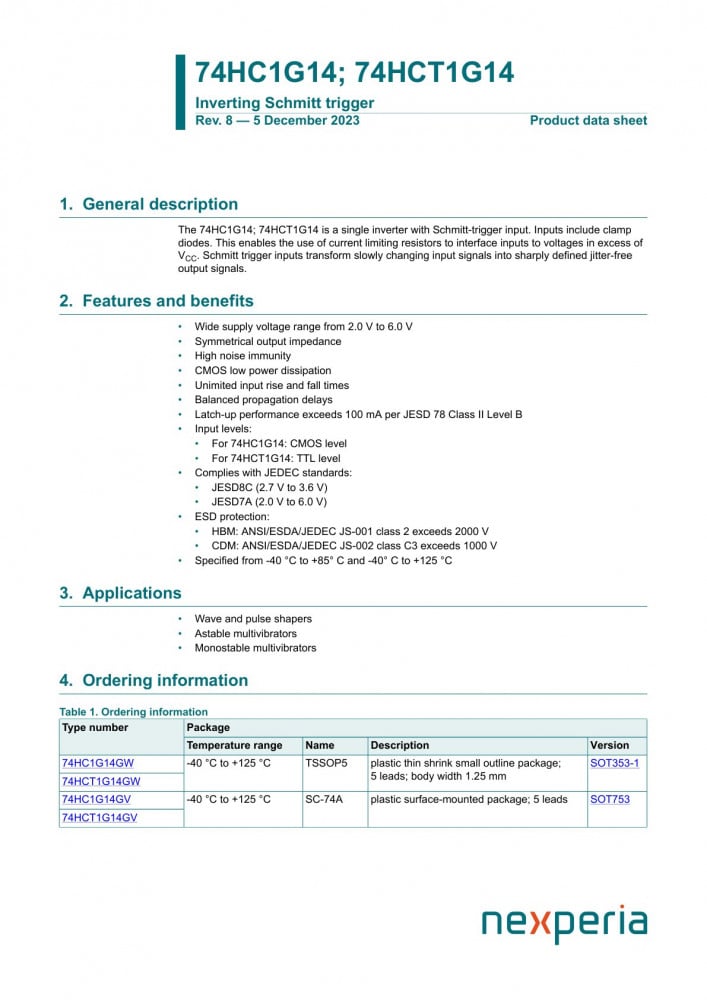 74HC1G14GW datasheet page 1