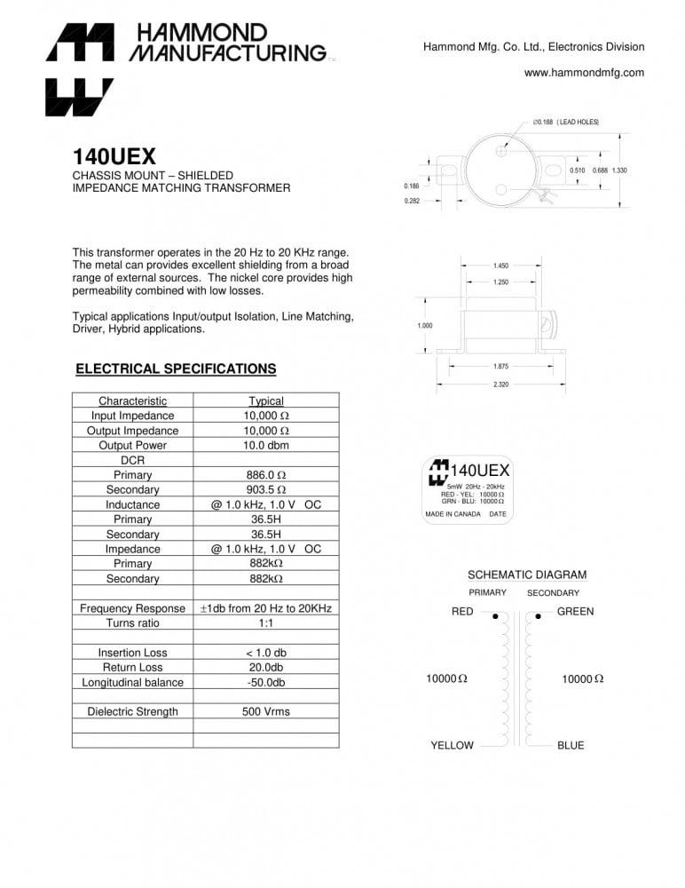 Hammond 140UEX technical document page 1