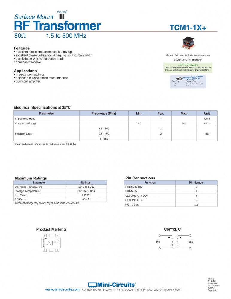 TCM1-1X+ technical document page 1