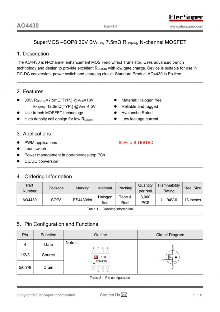 AO4430 datasheet page 1