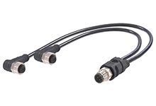 M12 Signal, A-Coded, In-Line Splitter, 1 x 4 Poles Male (Straight) to 2 x 3 Poles Female (Straight), 0.34mm² (22 AWG), Yellow TPE Cable, 1.0m (3.28') Length