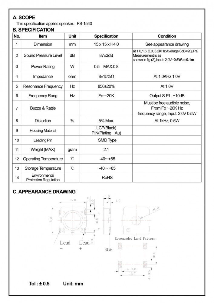 FS-1540 specification page 2