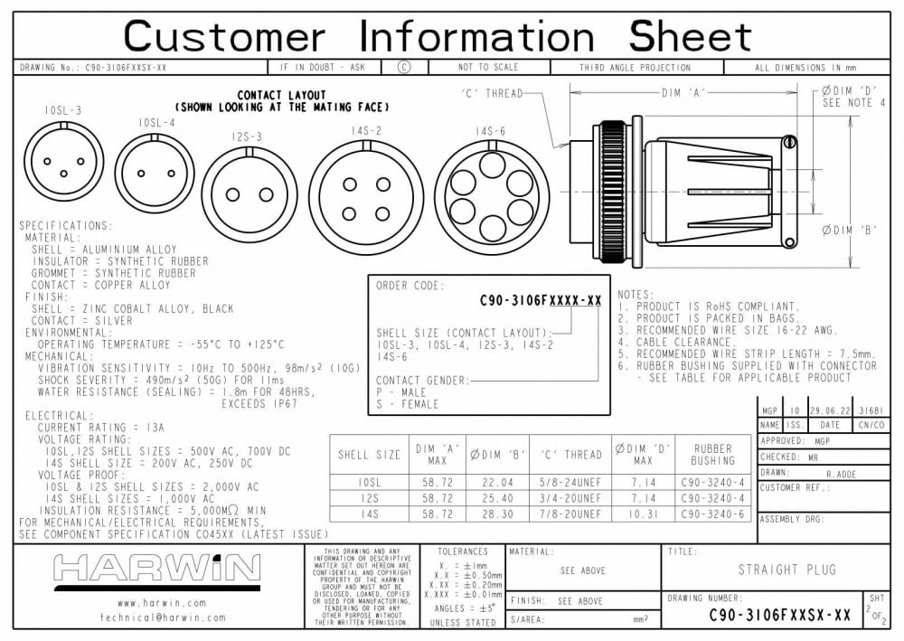 Harwin C90 series technical drawing