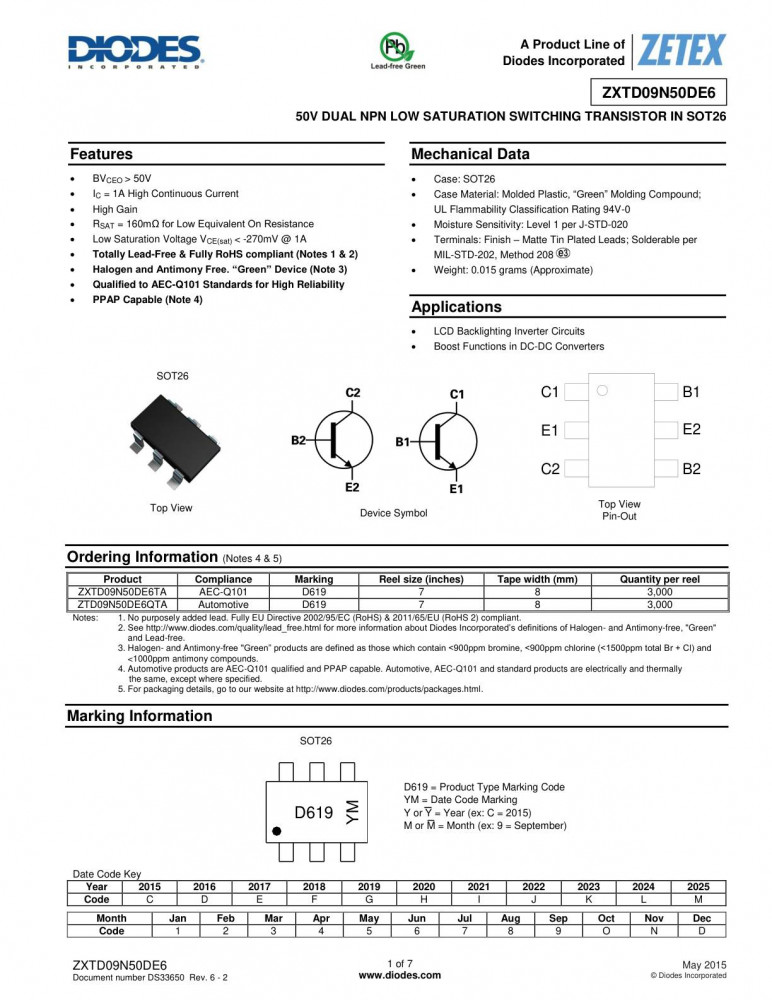 ZXTD09N50DE6TA datasheet page 1