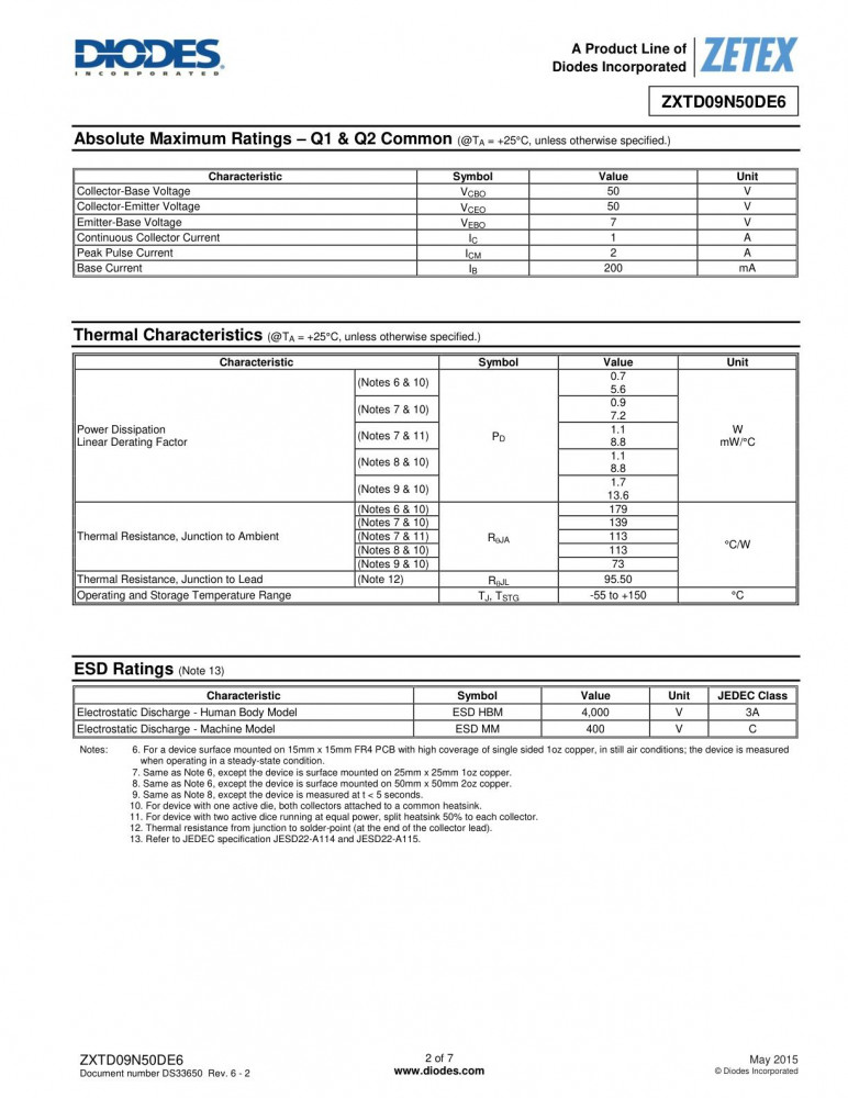 ZXTD09N50DE6TA datasheet page 2