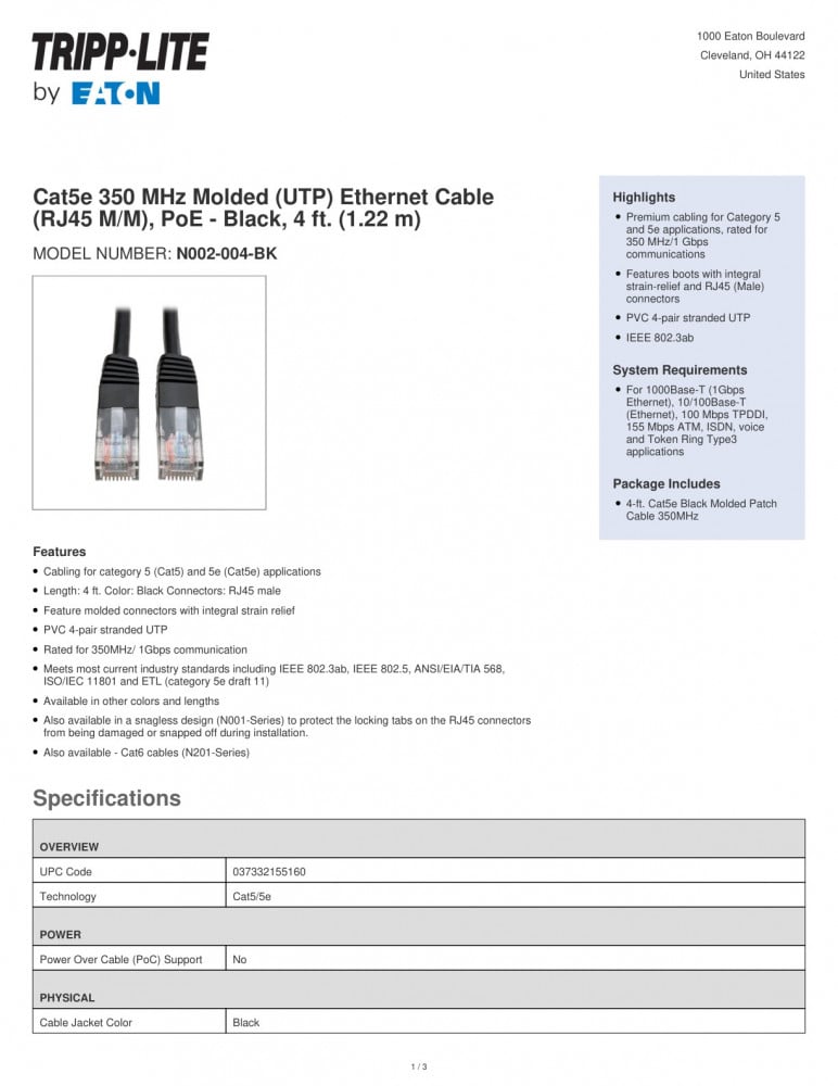 EATON N002-004-BK technical document page 1