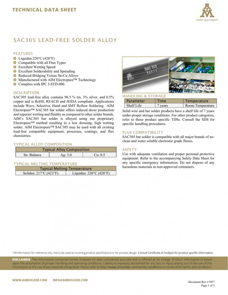 AIM SAC305 lead-free solder alloy technical document preview
