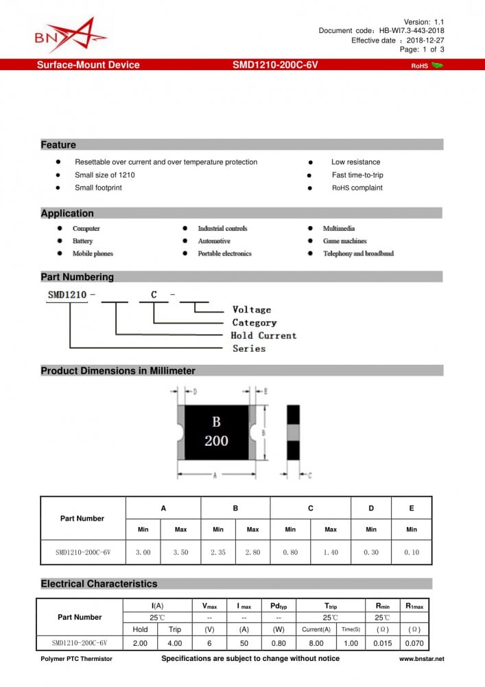 BNstar SMD1210-200C-6V datasheet page 1