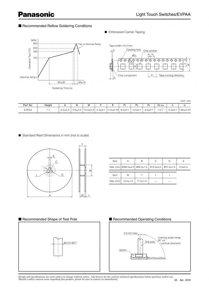 EVPAA series reflow, tape and operating guidance