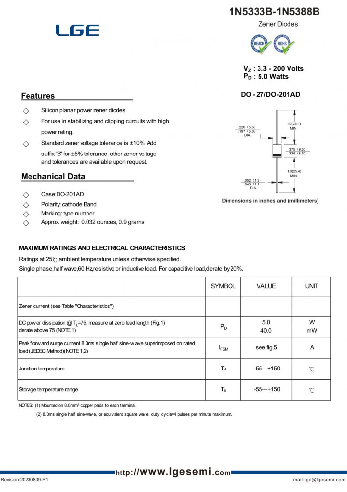 1N5339B datasheet page 1