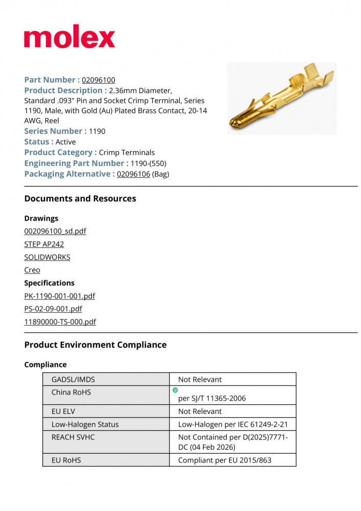 Molex .093 Standard Pin Terminals document page 1