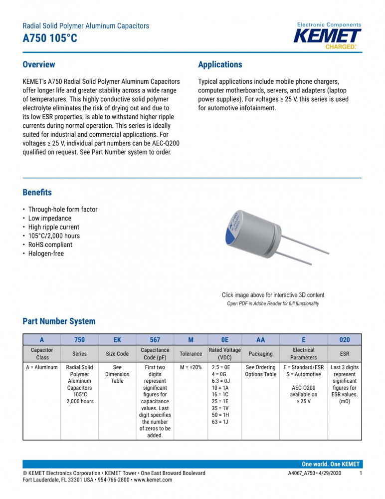 KEMET A750 datasheet page 1