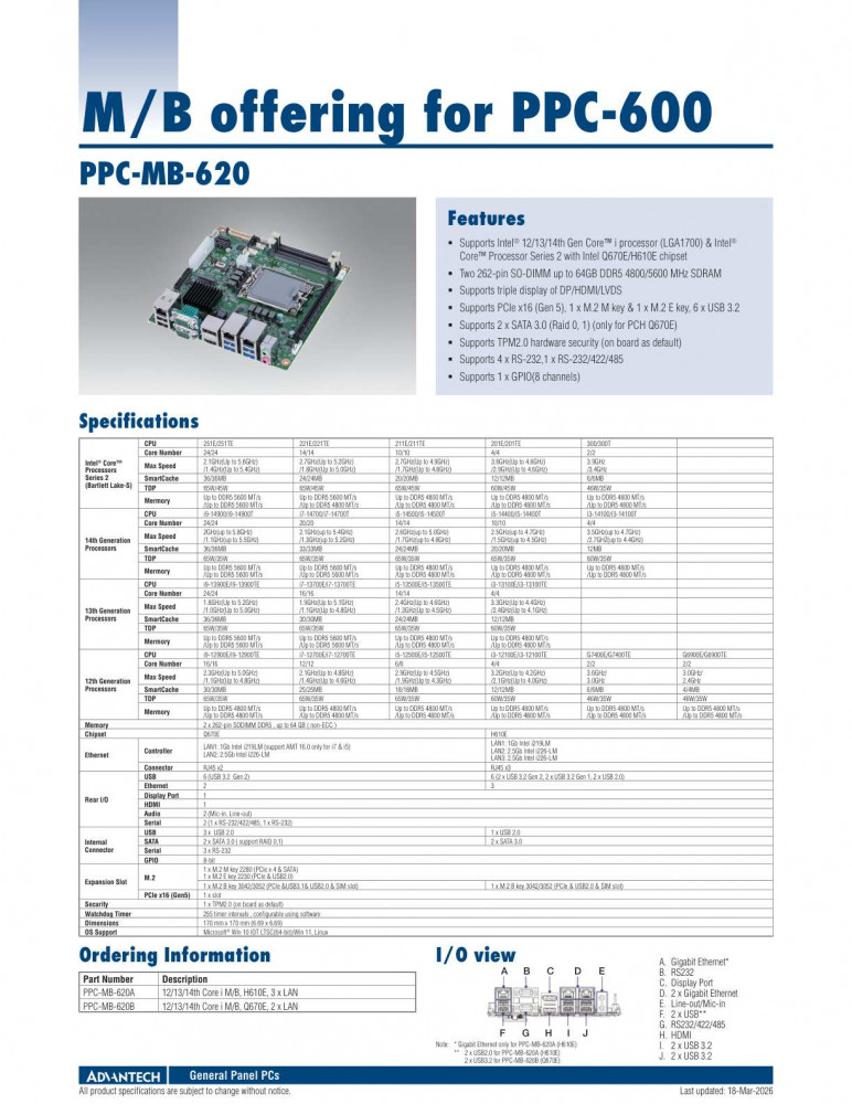 ADVANTECH PPC-MB-620 product documentation page