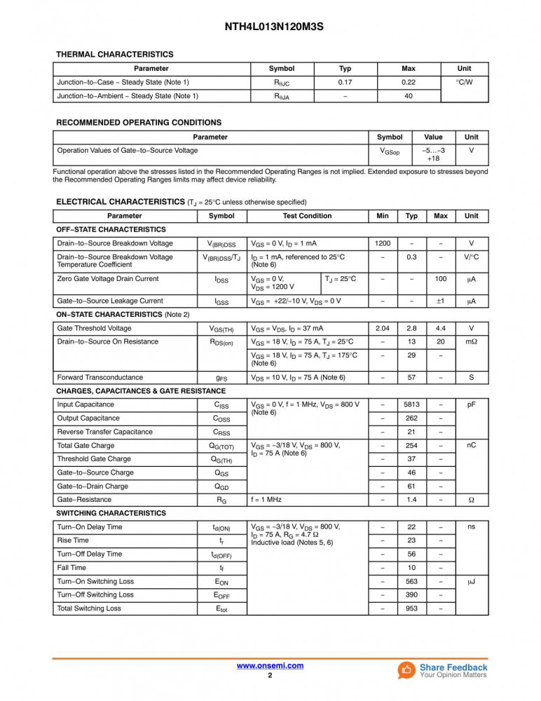 NTH4L013N120M3S datasheet page 2