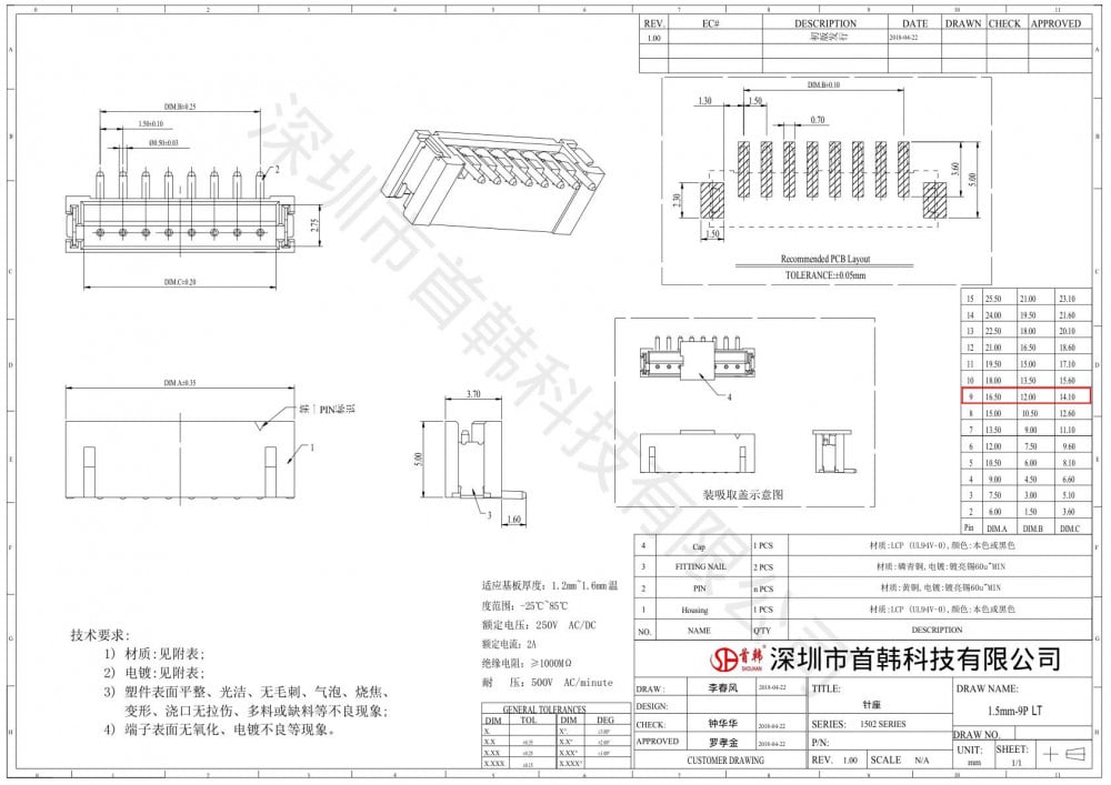SHOU HAN 1.5mm-9P LT specification page 1