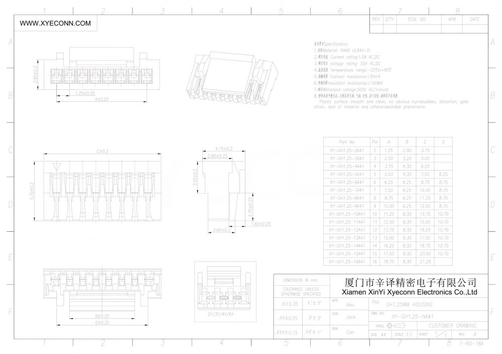 XY-GH1.25-3A41 GH1.25 mm housing customer drawing