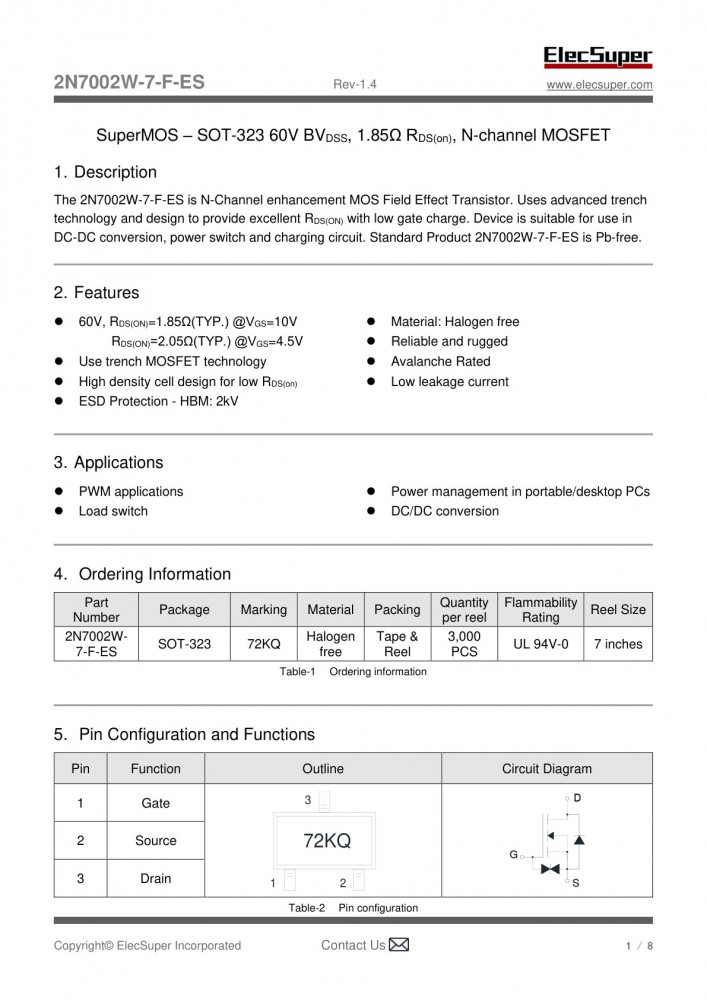 2N7002W-7-F-ES datasheet page 1
