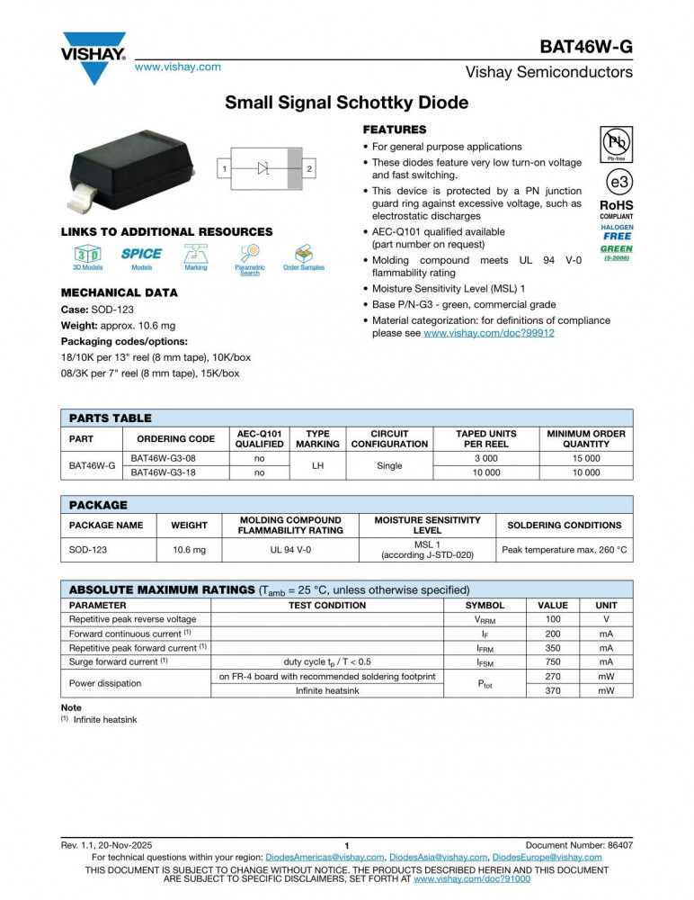 BAT46W-G3- datasheet page 1