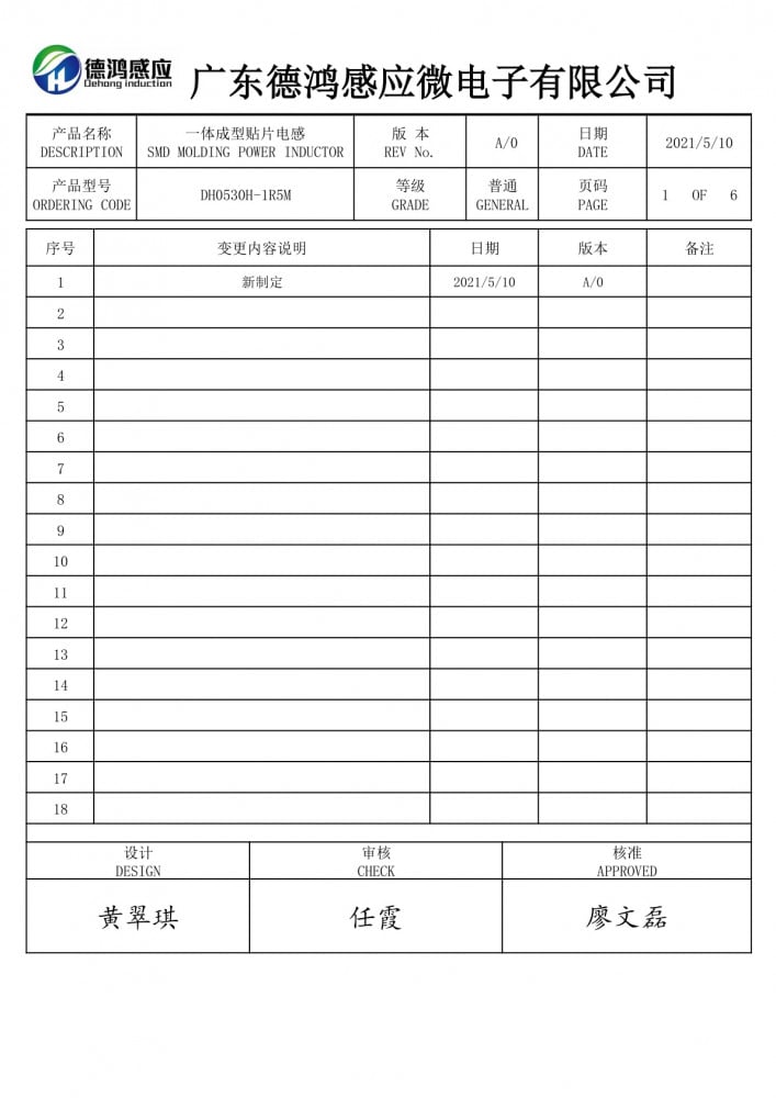 DH0530H-1R5M approval document page 2
