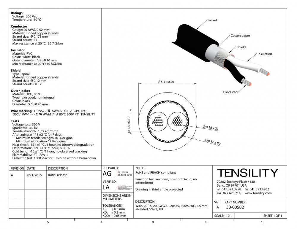 Tensility International part 30-00582 cable drawing and specifications