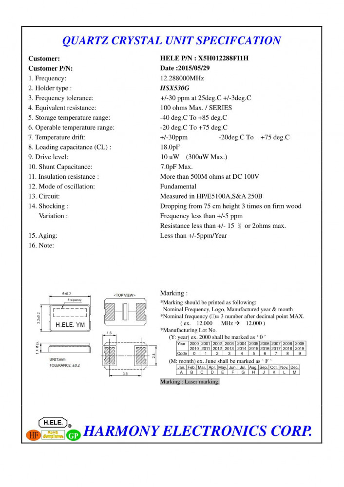 HELE X5H012288FI1H quartz crystal unit specification