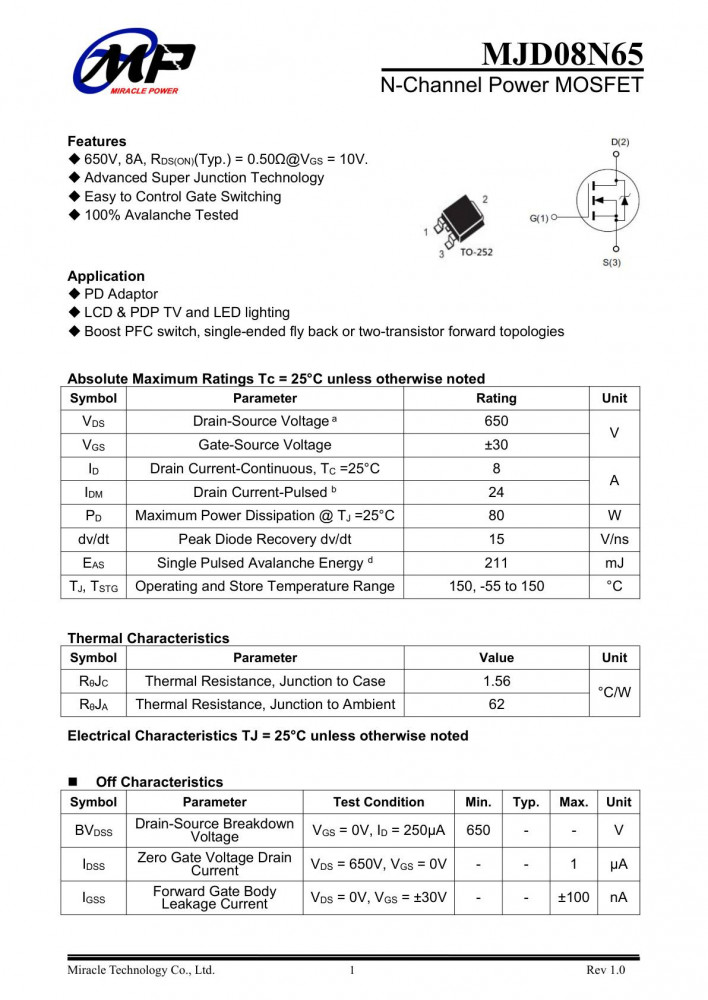 MJD08N65 datasheet page 1