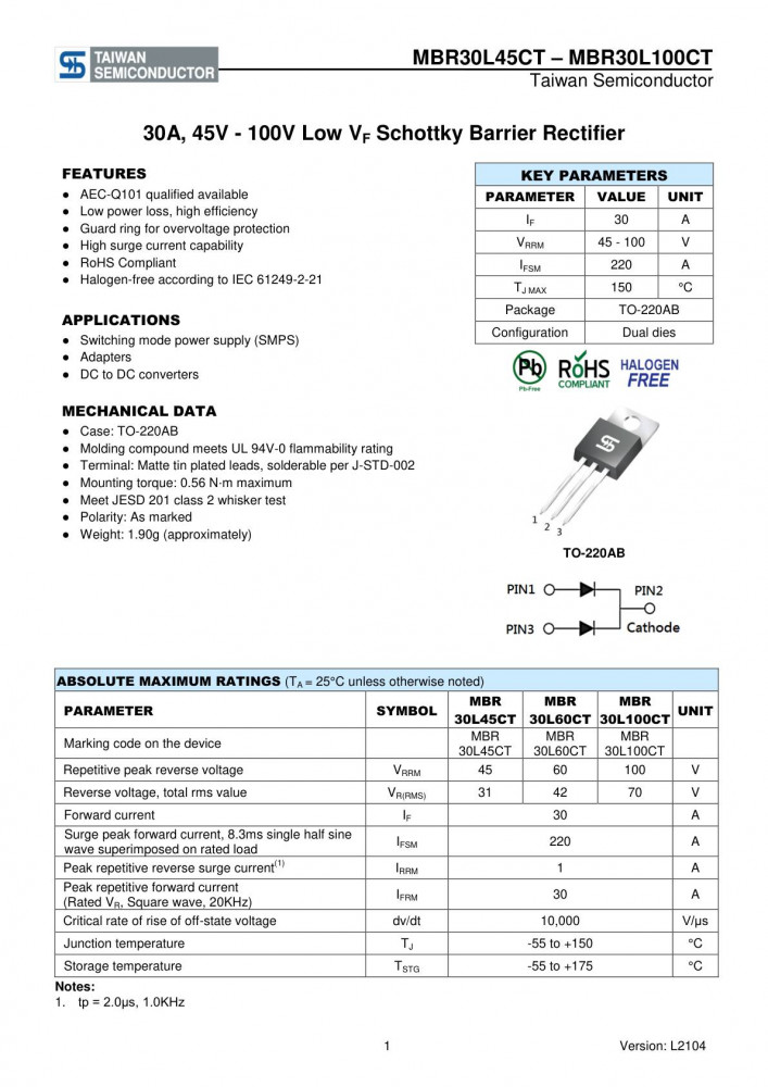 MBR30L100CT datasheet page 1