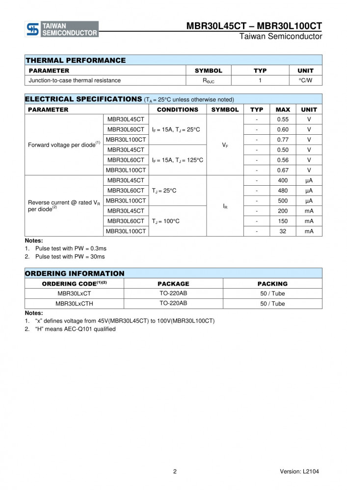 MBR30L100CT datasheet page 2