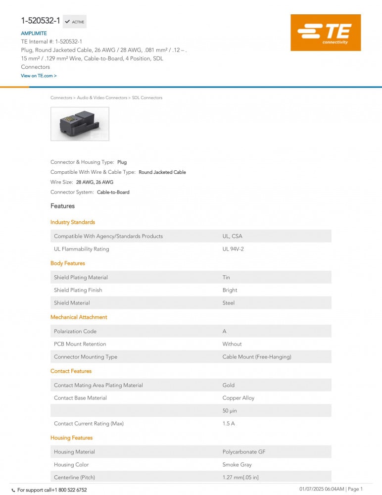 TE Connectivity 1-520532-1 technical document page 1