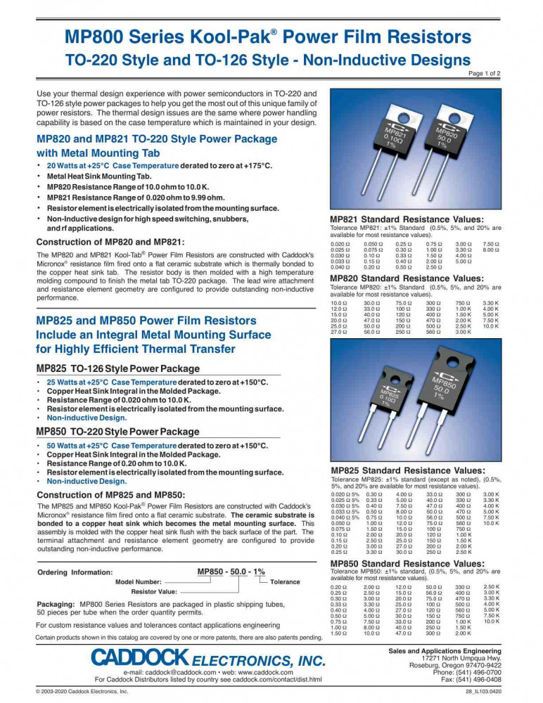 Caddock MP800 Series datasheet page 1