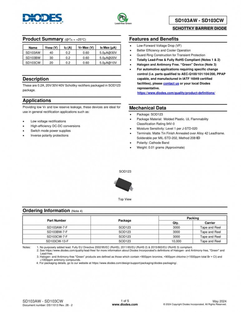SD103CW-13-F datasheet page 1