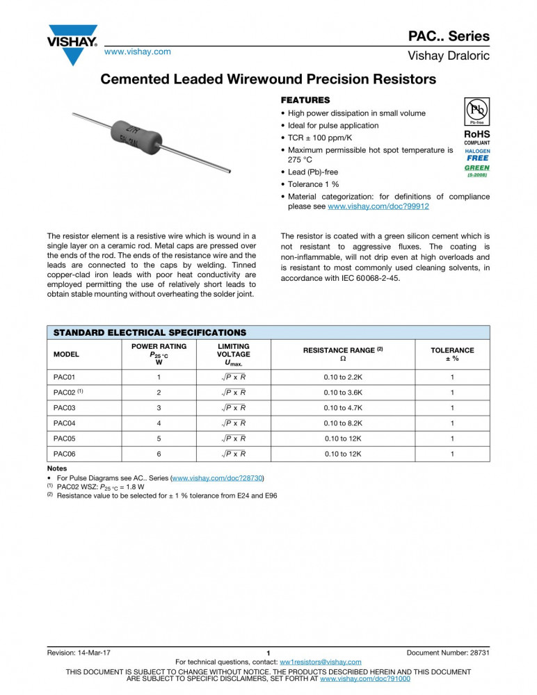 Vishay PAC series datasheet page 1