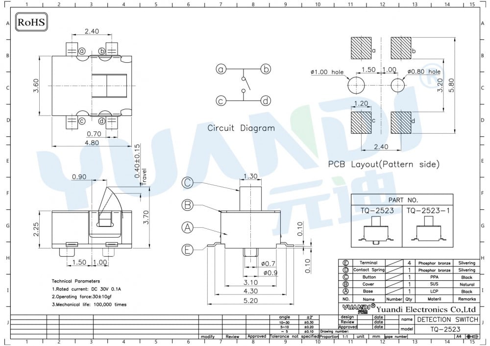 Yuandi TQ-2523 detection switch drawing