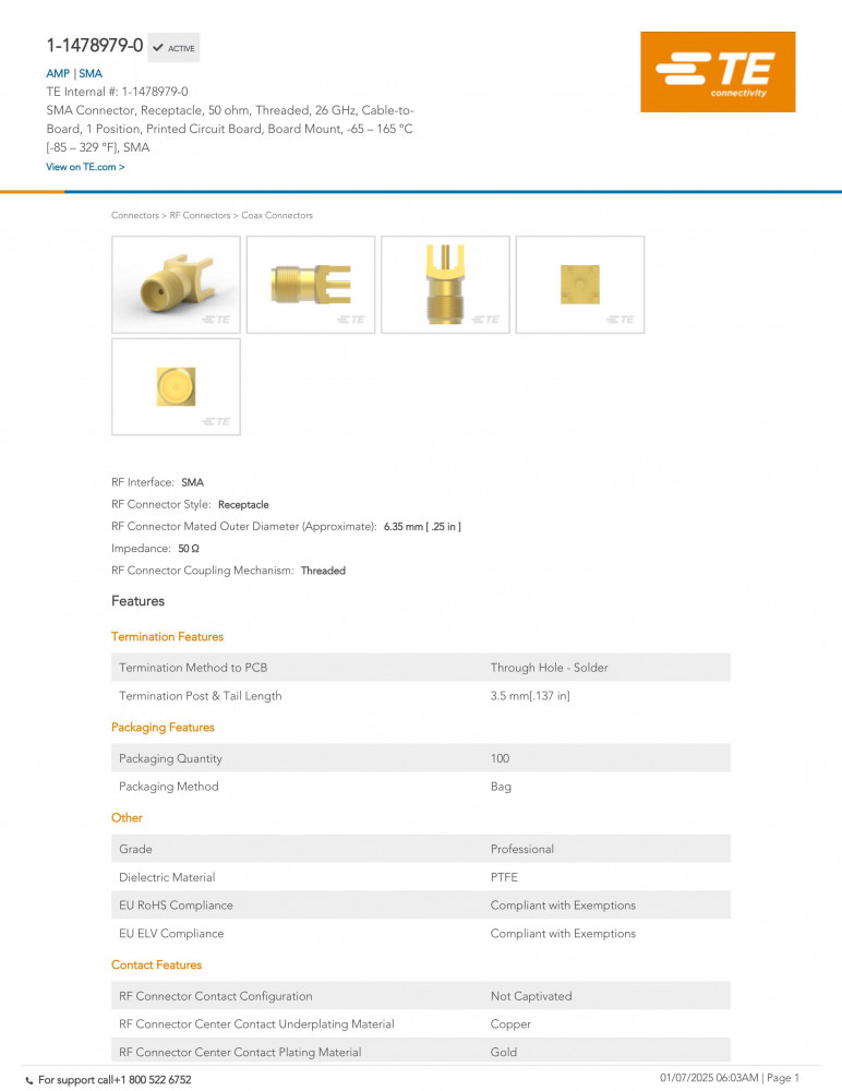 TE Connectivity 1-1478979-0 technical document page 1