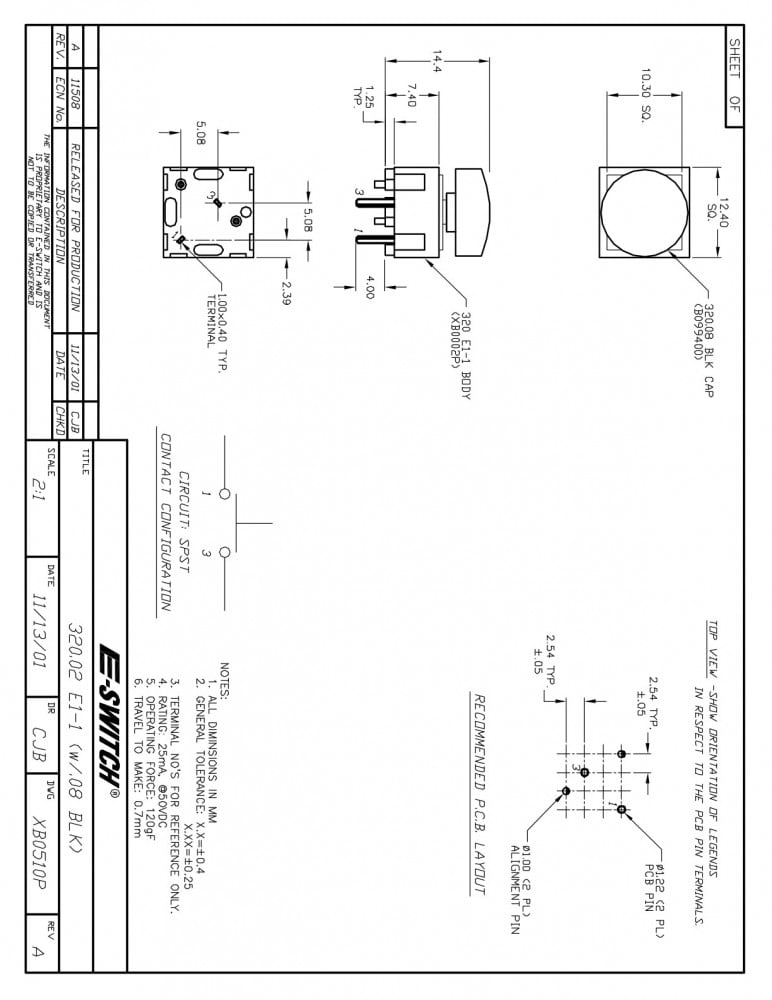 E-Switch 320.02E11.08BLK technical document page