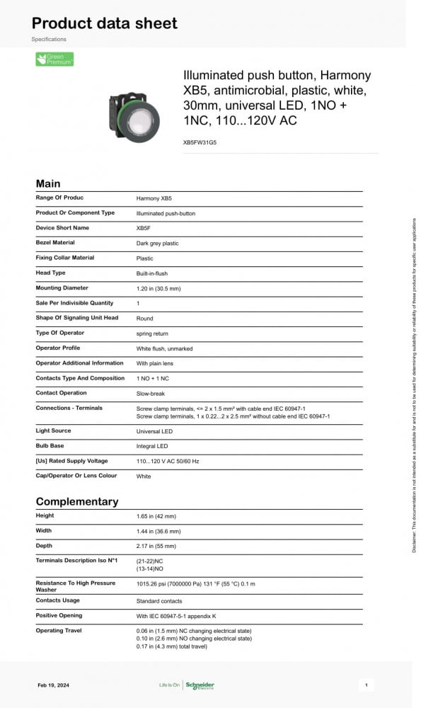 XB5FW31G5 technical document page 1
