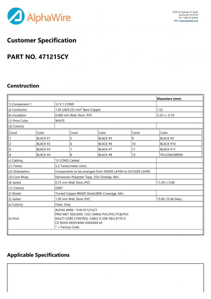 Alpha Wire 471215CY technical document page 1