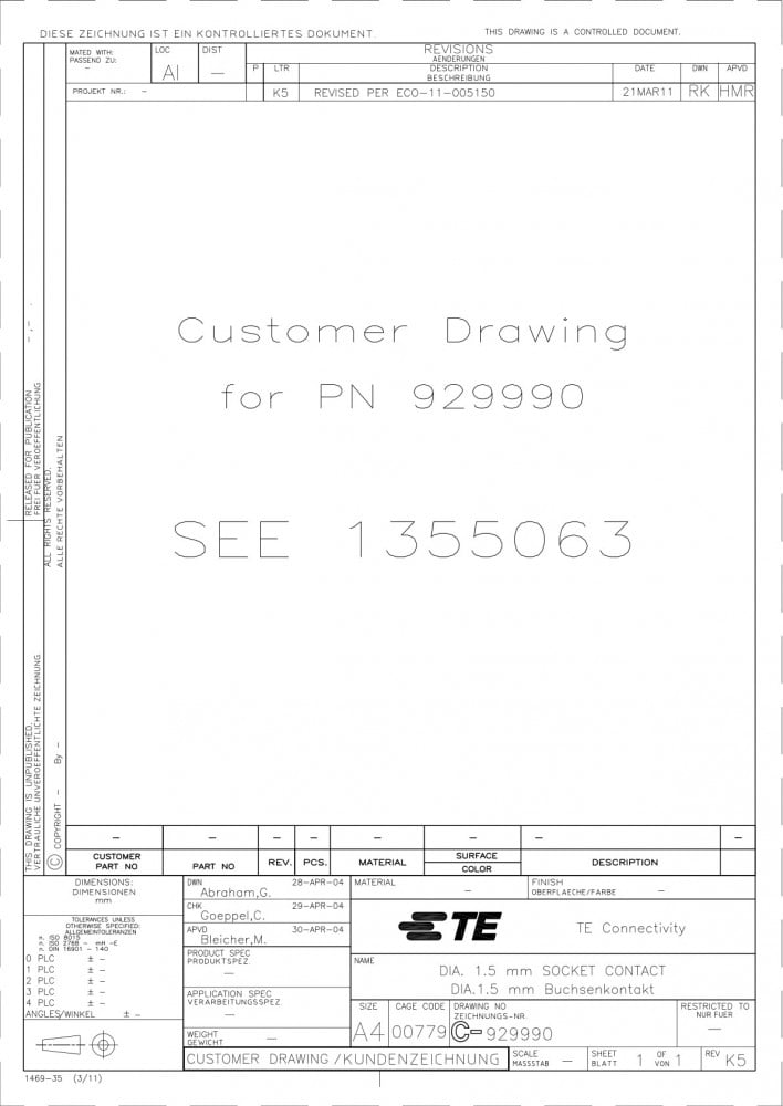 TE Connectivity 962999-1 customer drawing preview
