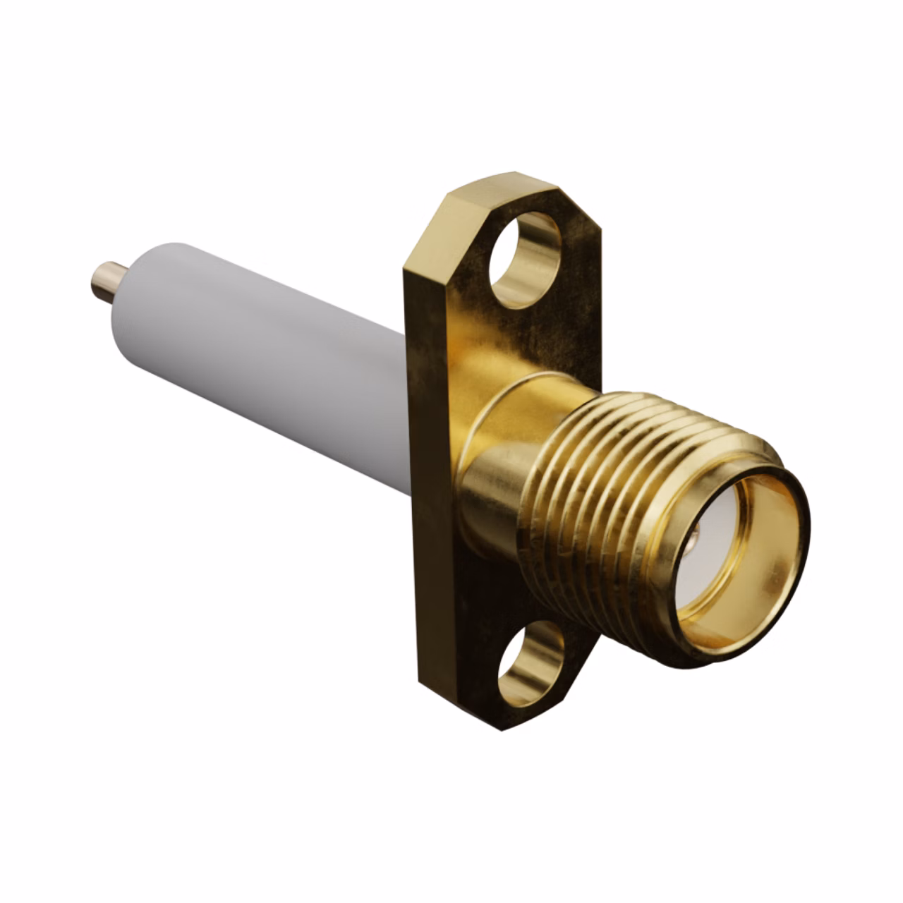 SMA Jack, Straight, 2-Hole Flange Mount, Candlestick Contact, Brass Body, Gold (Au) Plated, One Piece Per Bag, 50 Ohms for sale