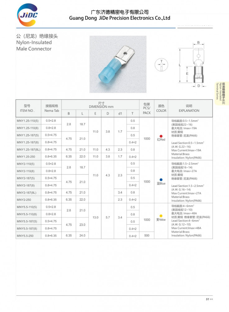JIDC MNY nylon-insulated connector technical document page 1